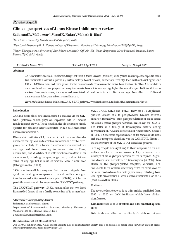 (PDF) Clinical perspectives of Janus Kinase Inhibitors: A review