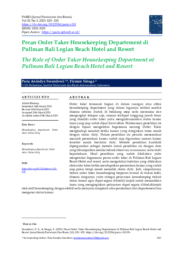 (PDF) Peran Order Taker Housekeeping Departement di Pullman Bali Legian ...