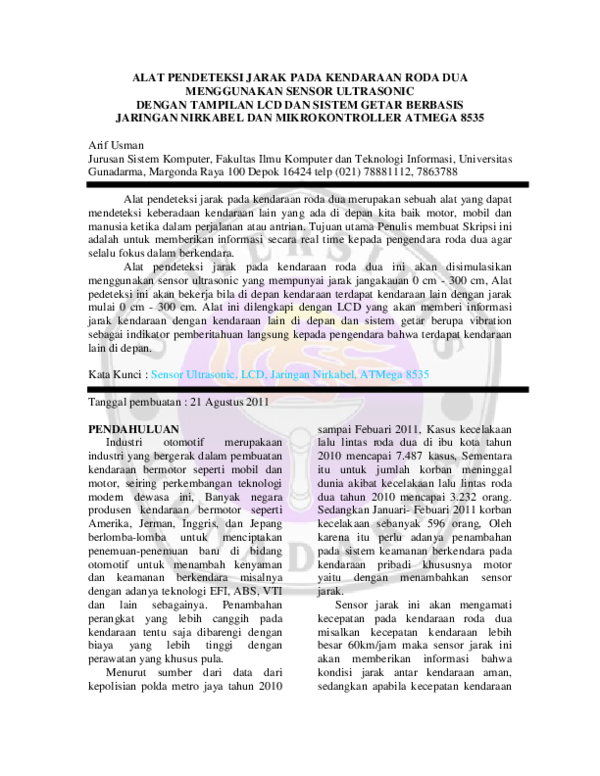 (PDF) Alat Pendeteksi Jarak Pada Kendaraan Roda Dua Menggunakan Sensor ... (PDF) Alat Pendeteksi Jarak Pada Kendaraan Roda Dua Menggunakan Sensor ...