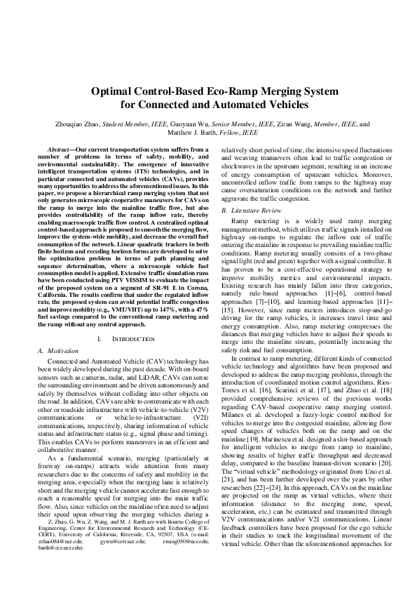 Pdf Optimal Control Based Ramp Merging System For Connected And Automated Electric Vehicles