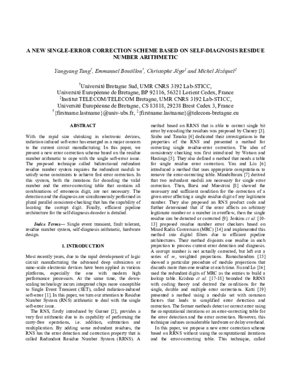 Pdf A New Single Error Correction Scheme Based On Self Diagnosis Residue Number Arithmetic
