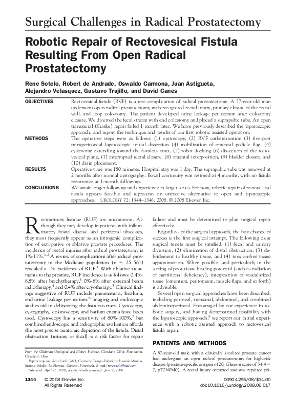 (PDF) Robotic Repair of Rectovesical Fistula Resulting From Open Radical Prostatectomy