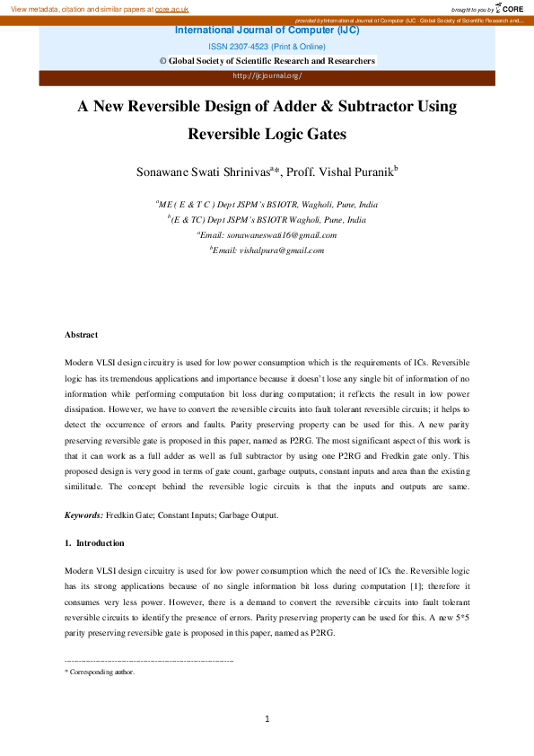 Pdf A New Reversible Design Of Adder And Subtractor Using Reversible Logic Gates