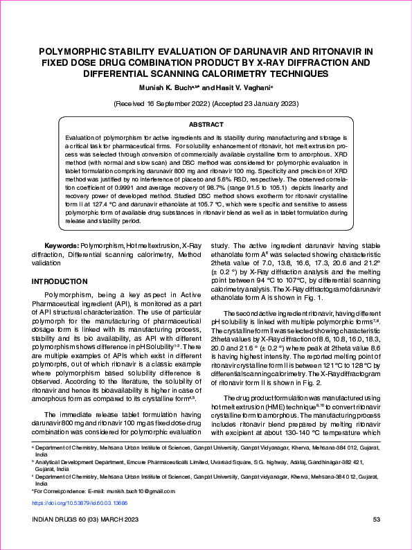 (PDF) Polymorphic Stability Evaluation of Darunavir and Ritonavir in Fixed Dose Drug Combination ...