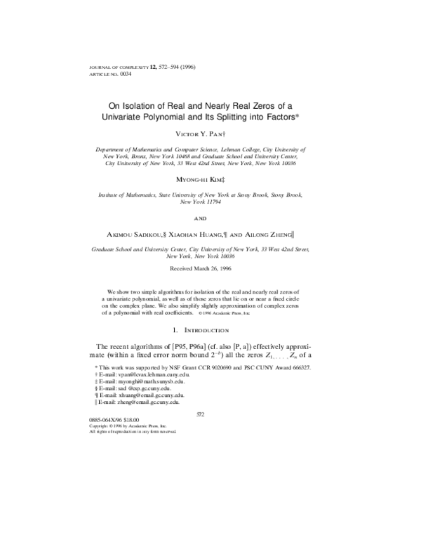 (PDF) On Isolation of Real and Nearly Real Zeros of a Univariate Polynomial and Its Splitting ...