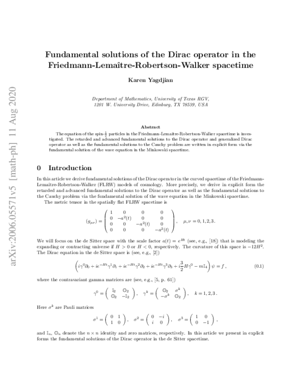 (PDF) Dirac Operator Solutions in FLRW Spacetime