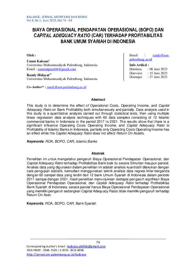 (PDF) Biaya Operasional Pendapatan Operasional (Bopo) Dan Capital Adequacy Ratio (Car) Terhadap ...