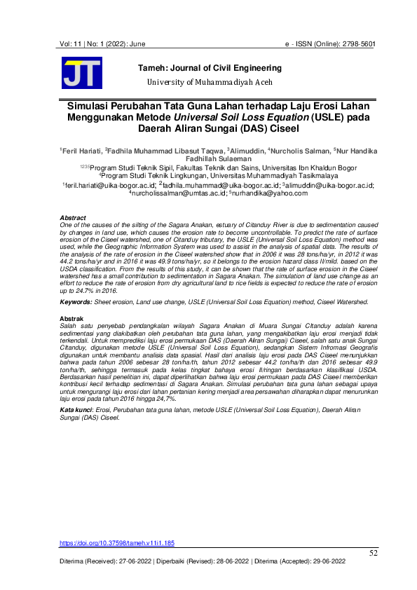 (PDF) Simulasi Perubahan Tata Guna Lahan terhadap Laju Erosi Lahan Menggunakan Metode Universal ...