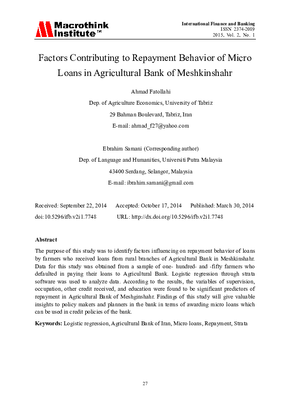 (PDF) Factors Contributing to Repayment Behavior of Micro Loans in ...