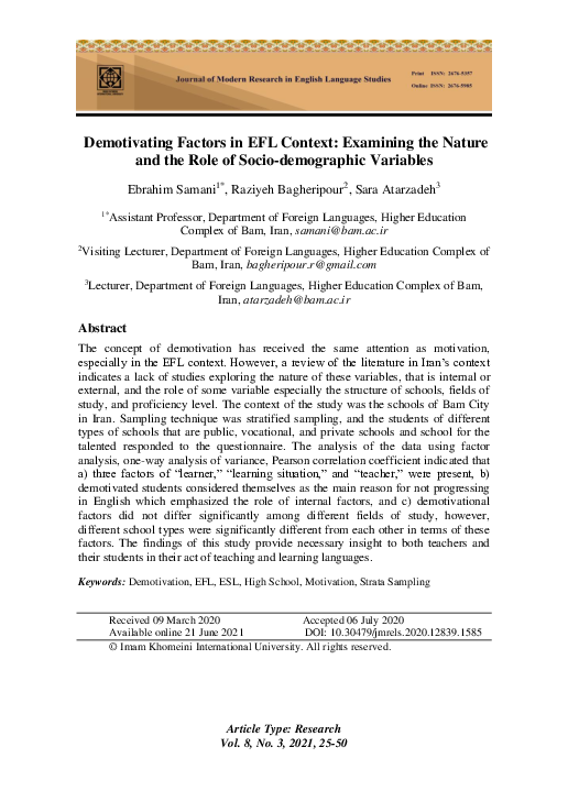 (PDF) Demotivating Factors in EFL Context: Examining Nature and the ...
