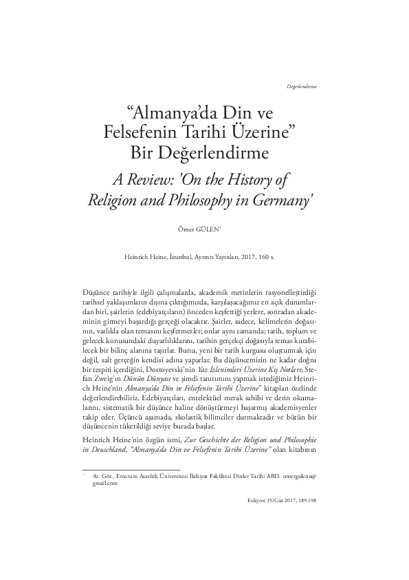 (PDF) “Almanya’da Din ve Felsefenin Tarihi Üzerine” Bir Değerlendirme