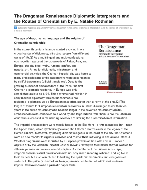(PDF) Review of Natalie Rothman's "The Dragoman Renaissance: Diplomatic ...