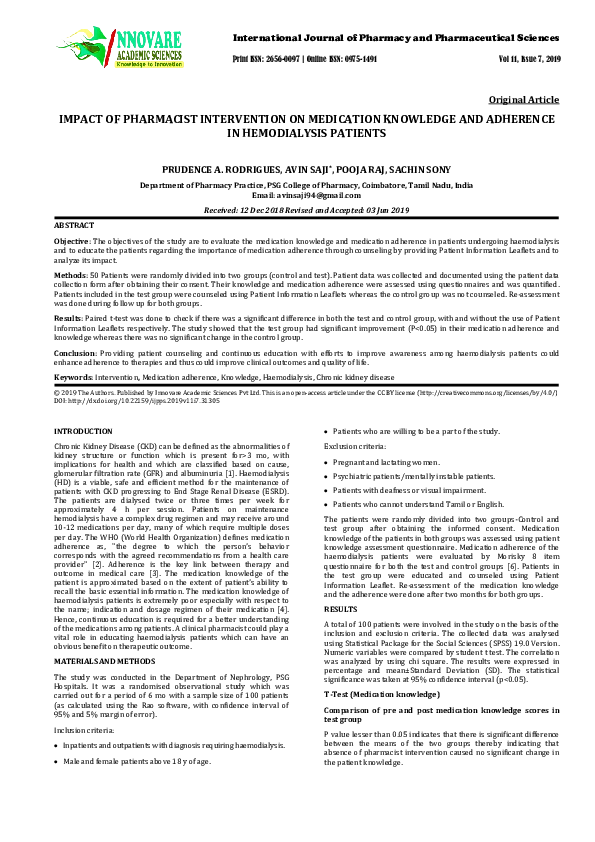 (PDF) IMPACT OF PHARMACIST INTERVENTION ON MEDICATION KNOWLEDGE AND ADHERENCE IN HEMODIALYSIS ...