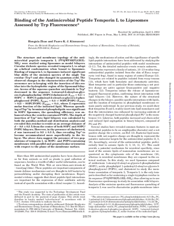 (PDF) Binding of the Antimicrobial Peptide Temporin L to Liposomes ...