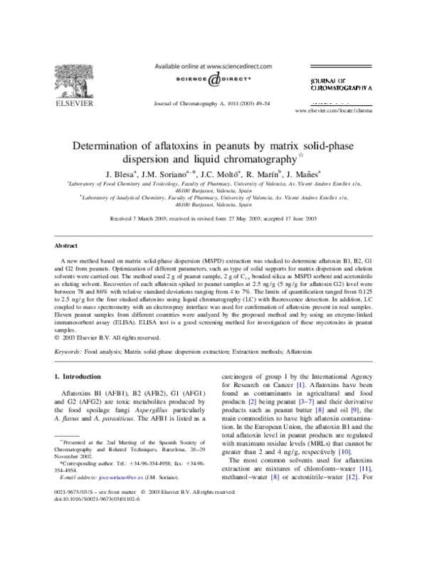 (PDF) Determination of aflatoxins in peanuts by matrix solid-phase dispersion and liquid ...