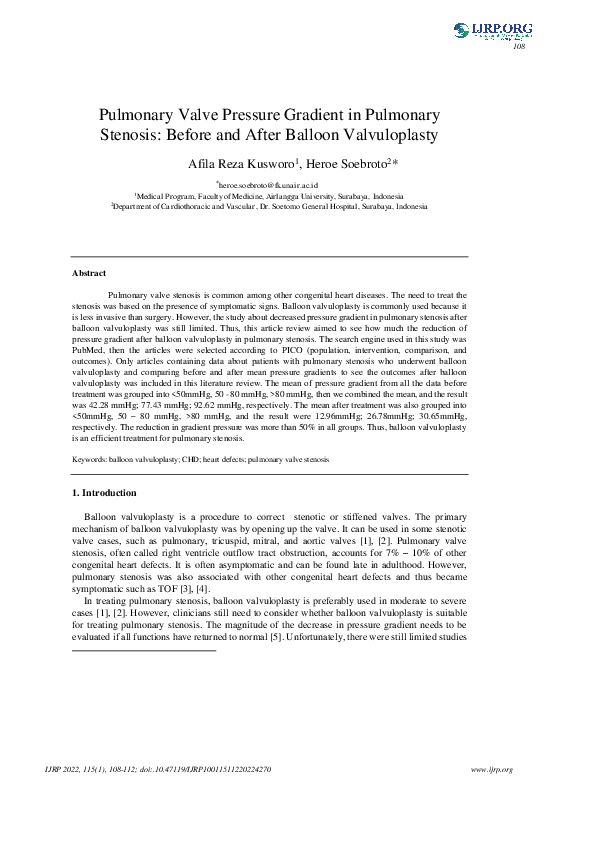 (PDF) Pulmonary Valve Pressure Gradient in Pulmonary Stenosis: Before ...