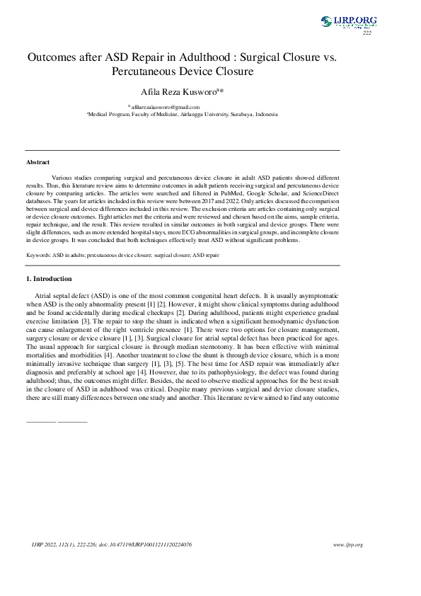 (PDF) Outcomes after ASD Repair in Adulthood : Surgical Closure vs ...