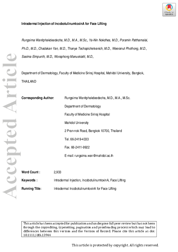 (PDF) Intradermal injection of incobotulinumtoxinA for face lifting