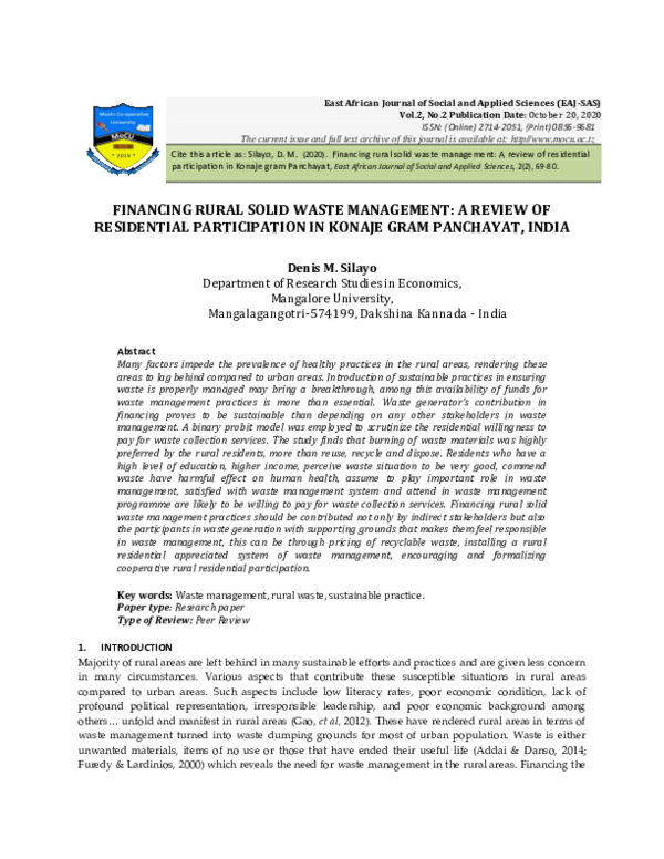 (PDF) FINANCING RURAL SOLID WASTE MANAGEMENT: A REVIEW OF RESIDENTIAL ...