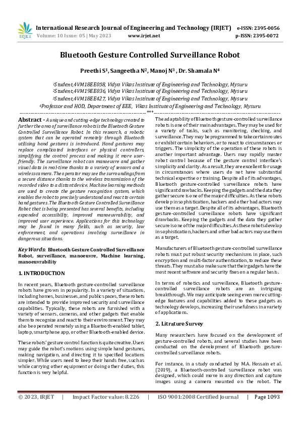 (PDF) Bluetooth Gesture Controlled Surveillance Robot