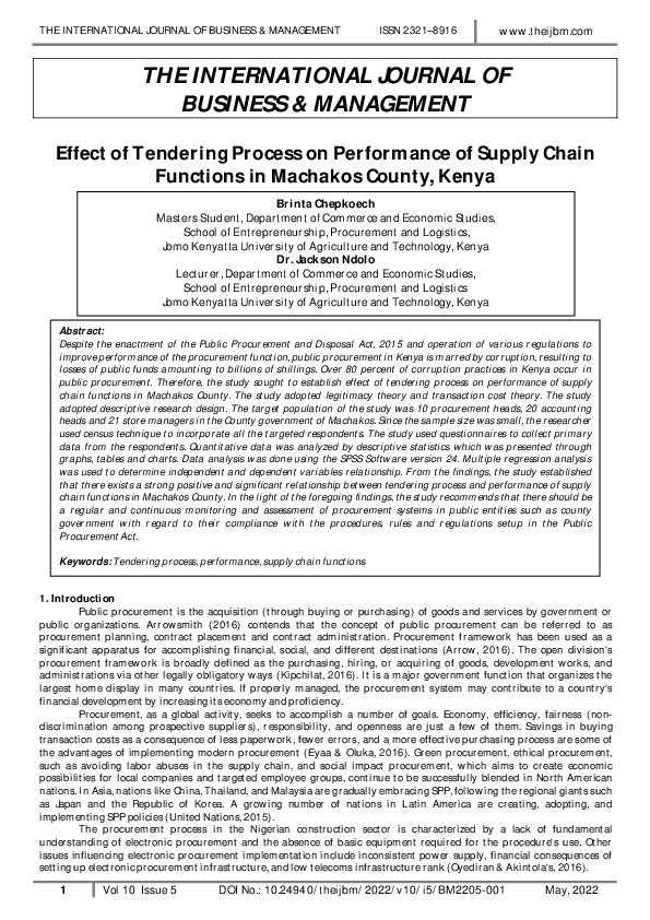 (PDF) Effect of Tendering Process on Performance of Supply Chain ...