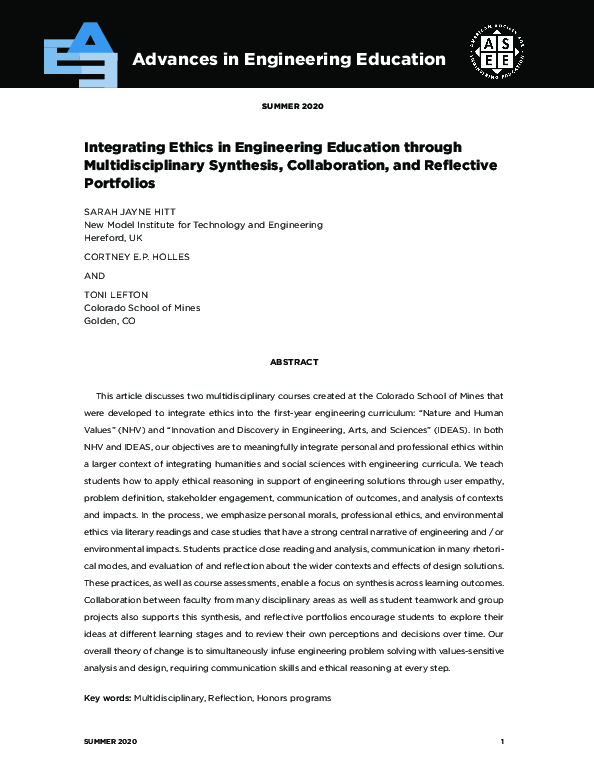 (PDF) Integrating Ethics in Engineering Education through Multidisciplinary Synthesis ...