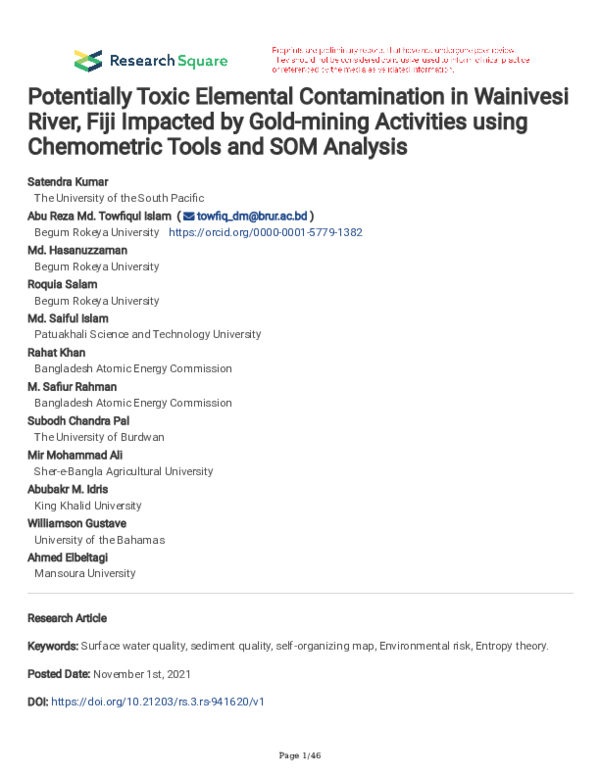 (PDF) Potentially Toxic Elemental Contamination in Wainivesi River ...