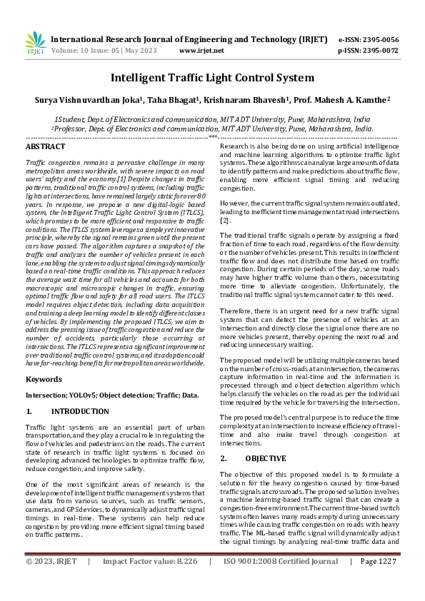 (PDF) Intelligent Traffic Light Control System