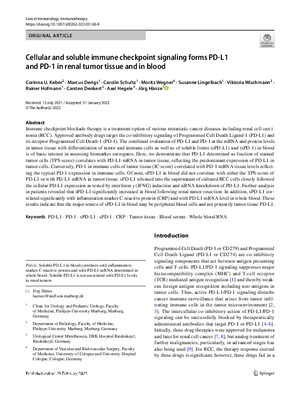(PDF) Cellular and soluble immune checkpoint signaling forms PD-L1 and PD-1 in renal tumor ...