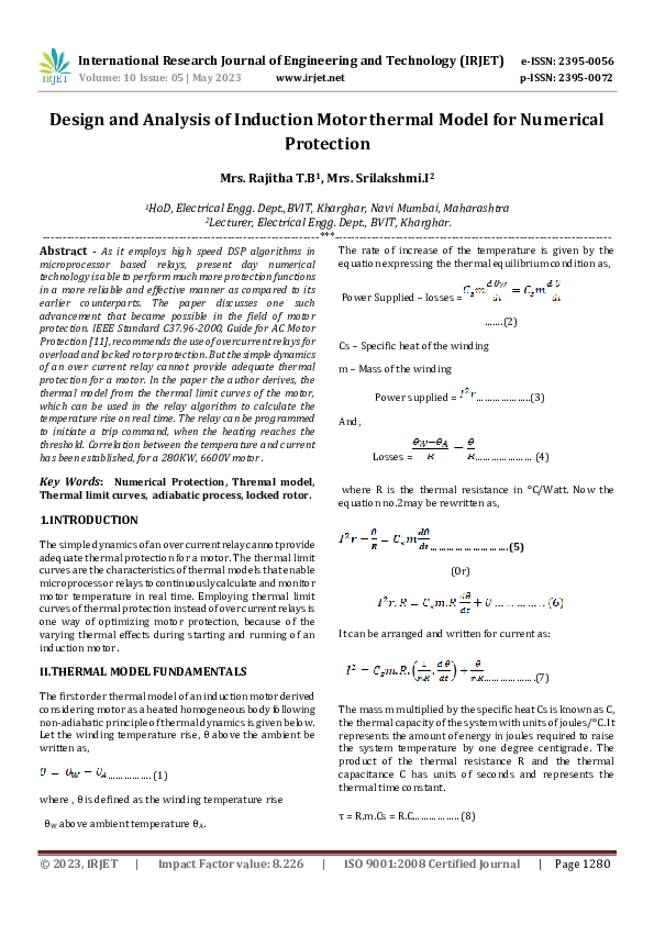 (PDF) Design and Analysis of Induction Motor thermal Model for Numerical Protection