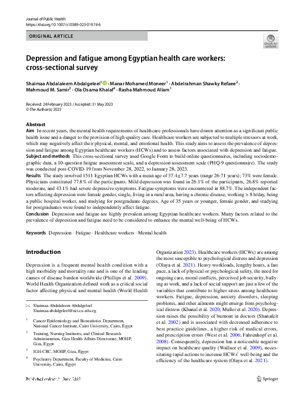 (PDF) Depression and fatigue among Egyptian health care workers: cross ...