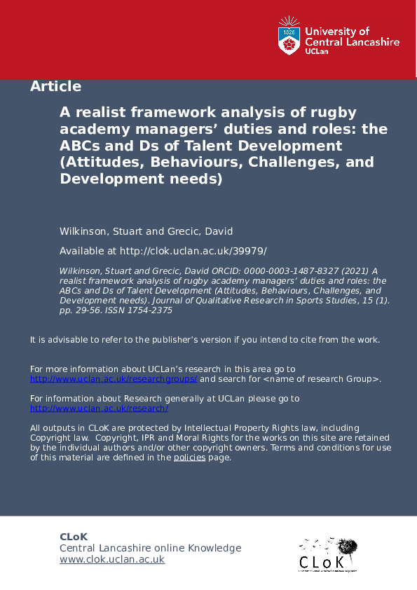 (PDF) A realist framework analysis of rugby academy managers’ duties ...