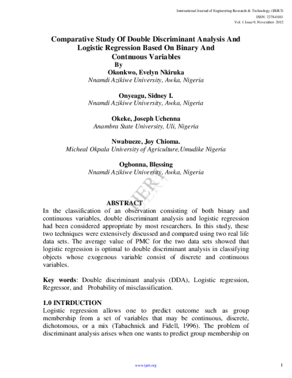 (PDF) Comparative Study Of Double Discriminant Analysis And Logistic Regression Based On Binary ...