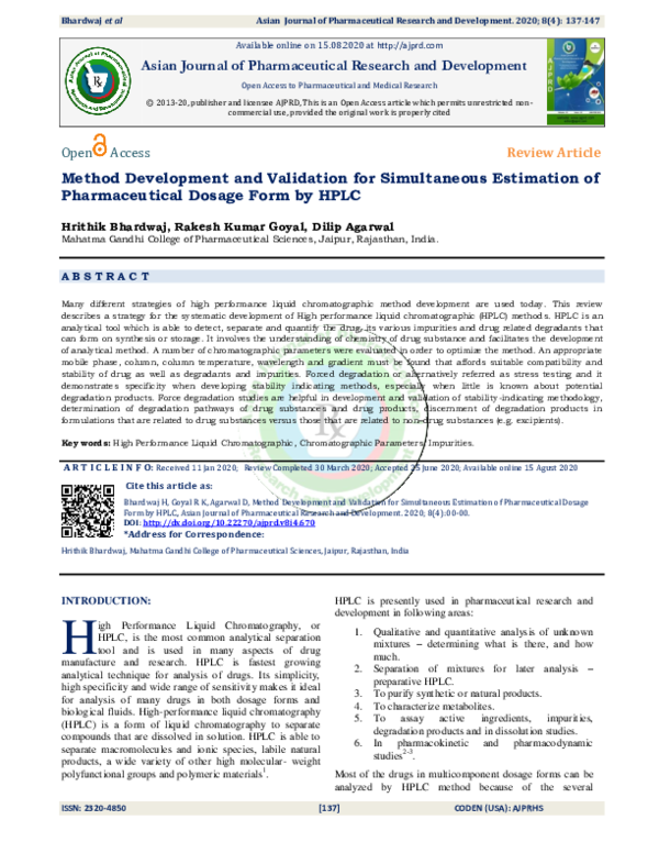 (PDF) Method Development and Validation for Simultaneous Estimation of Pharmaceutical Dosage ...
