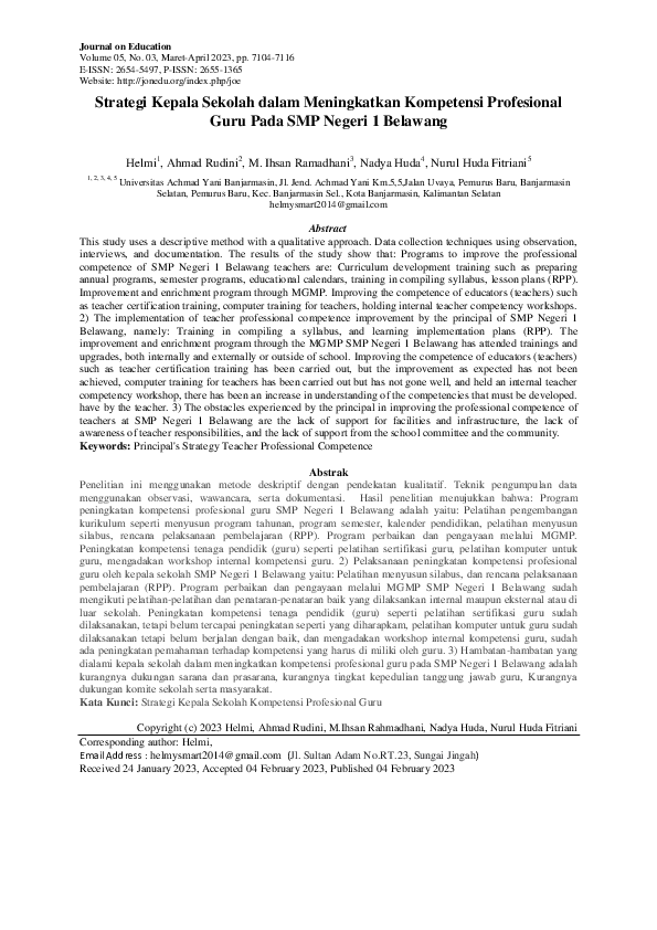 (PDF) Strategi Kepala Sekolah dalam Meningkatkan Kompetensi Profesional Guru Pada SMP Negeri 1 ...