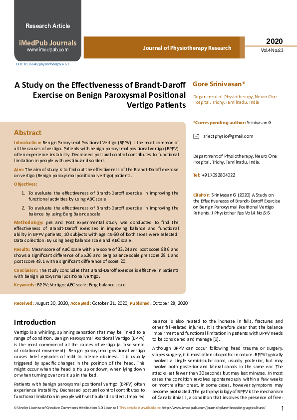 (PDF) A Study on the Effectivenesss of Brandt-Daroff Exercise on Benign ...
