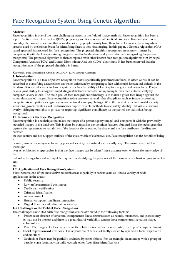 (PDF) Face Recognition System Using Genetic Algorithm