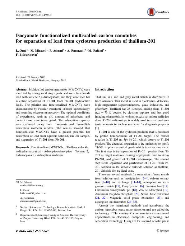 (PDF) Isocyanate functionalized multiwalled carbon nanotubes for separation of lead from ...