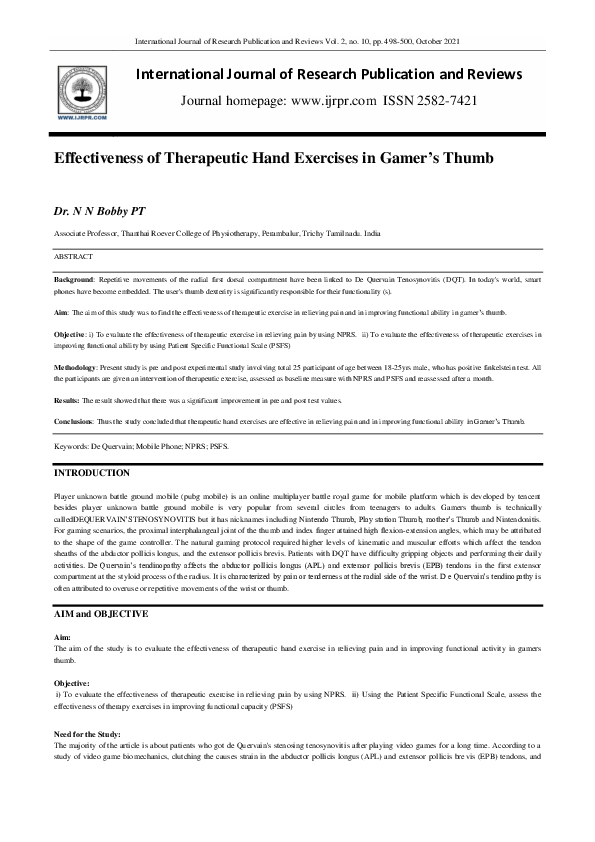 (PDF) Effectiveness of Therapeutic Hand Exercises in Gamer’s Thumb