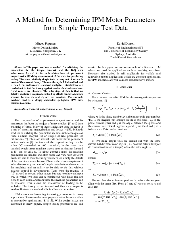 (PDF) A method for determining ipm motor parameters from simple torque ...
