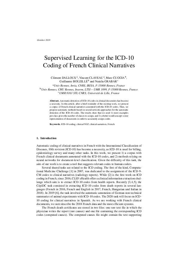 (PDF) Supervised Learning for the ICD-10 Coding of French Clinical ...