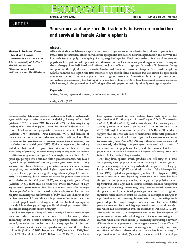 (PDF) Senescence and age-specific trade-offs between reproduction and ...