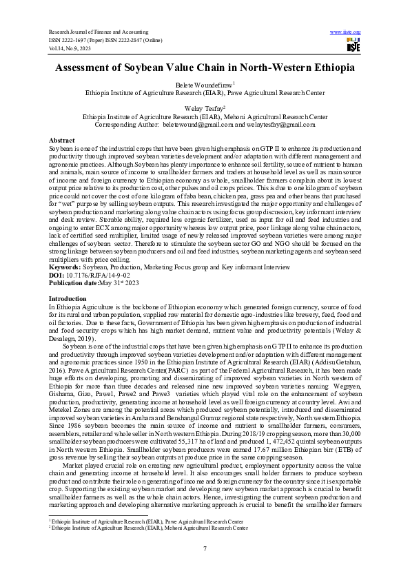 (PDF) Assessment of Soybean Value Chain in North-Western Ethiopia