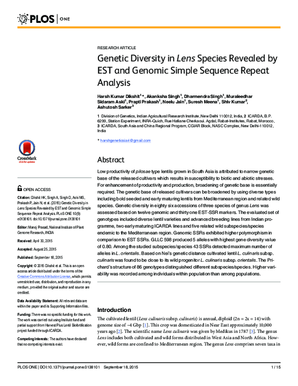 (PDF) Genetic Diversity in Lens Species Revealed by EST and Genomic Simple Sequence Repeat Analysis