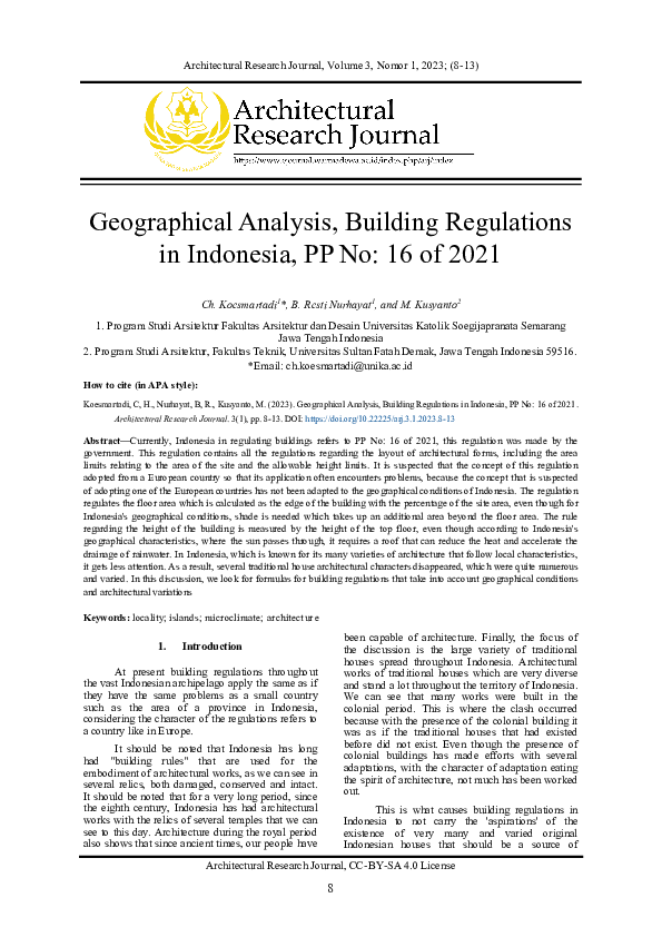 (PDF) Geographical Analysis, Building Regulations in Indonesia, PP No: 16 of 2021