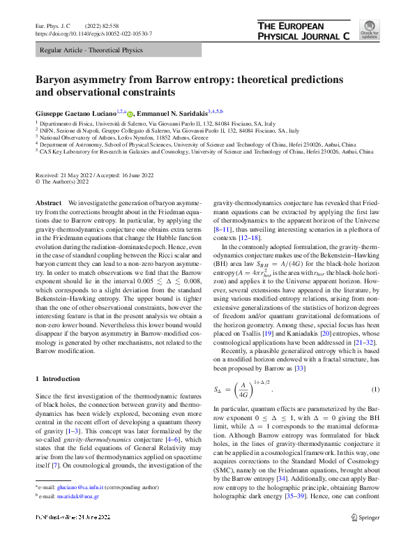 Pdf Baryon Asymmetry From Barrow Entropy Theoretical Predictions And Observational