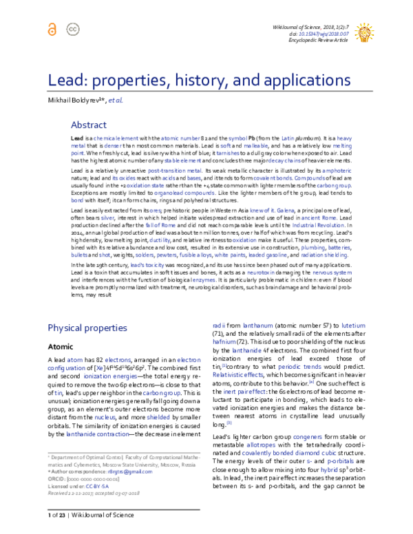(PDF) Lead: properties, history, and applications