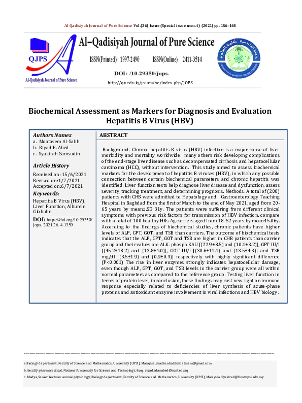 (PDF) Biochemical Assessment As Markers For Diagnosis And Evaluation ...