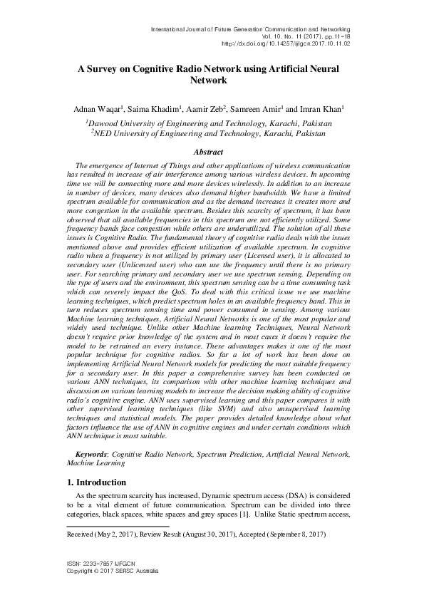 (PDF) A Survey on Cognitive Radio Network using Artificial Neural Network