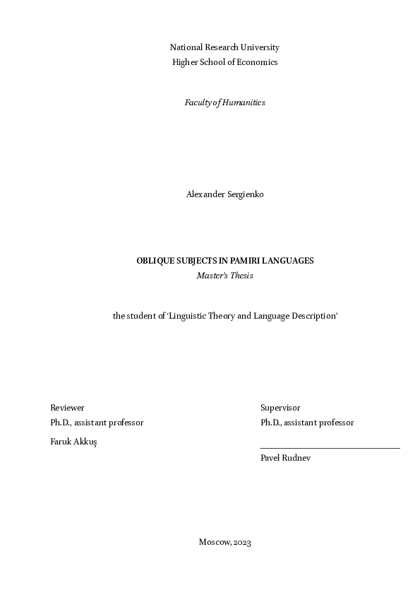 (PDF) Oblique subjects in Pamiri languages (MA thesis, HSE University)